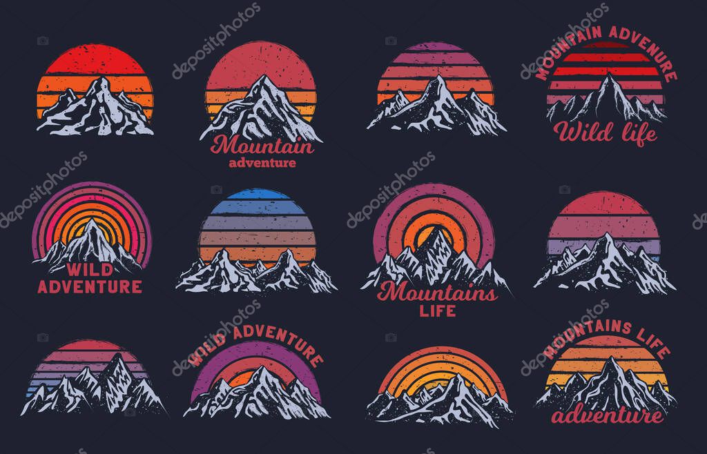 Puesta de sol de monta as retro. Picos de monta a con sol naciente, estampado de aventura ...