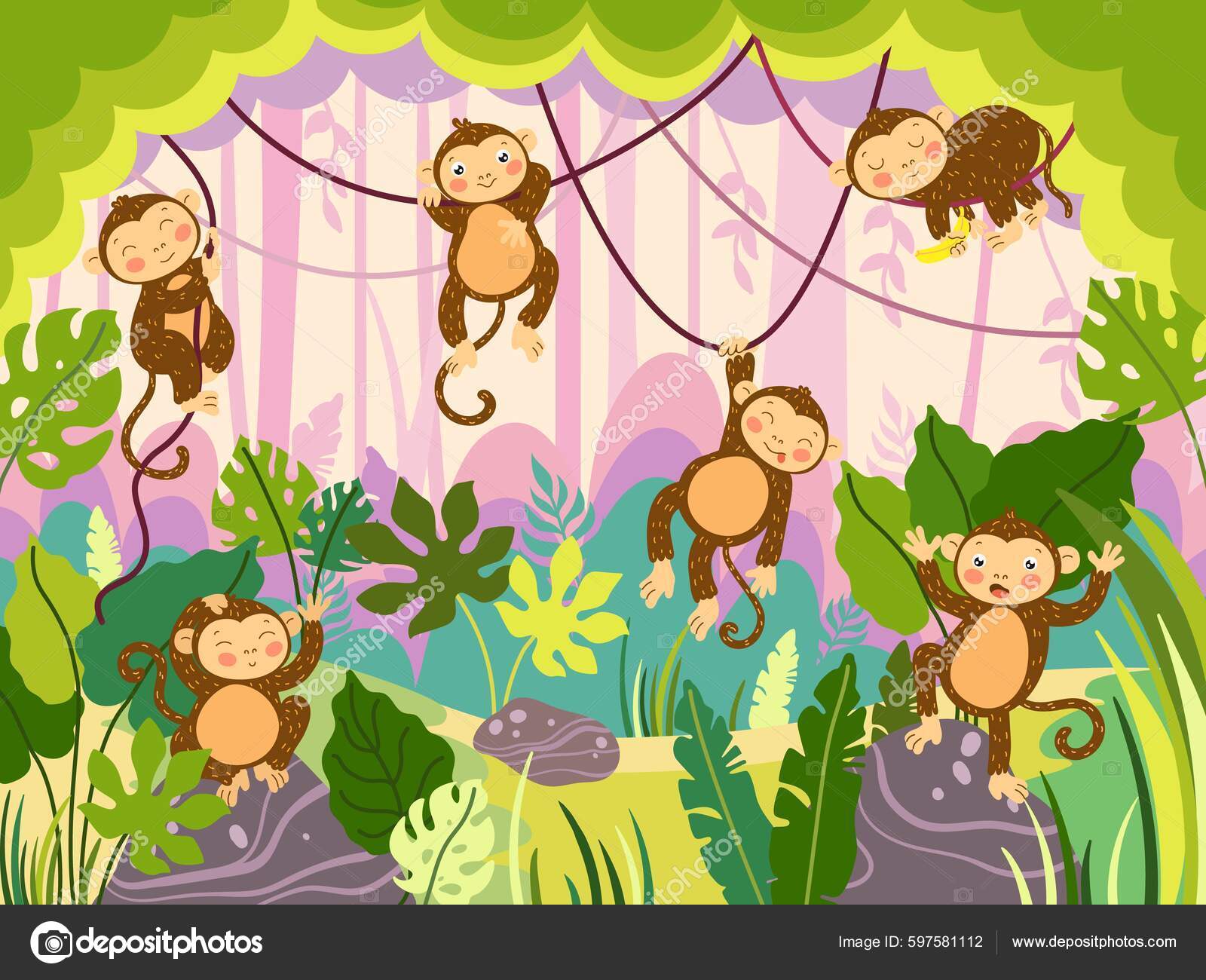 Jungle Monkey Funny Ape Hanging Lianas Wild Monkeys Various Poses Stock ...