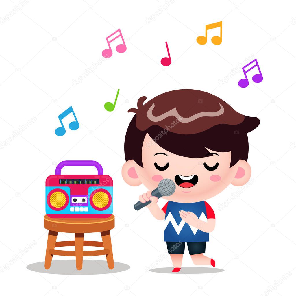Ilustración gráfica vectorial de Cute Boy Singing Karaoke Music ...