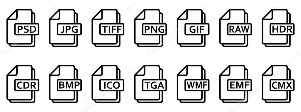 Icono de formatos de archivo de imagen. Conjunto de iconos de línea de ...