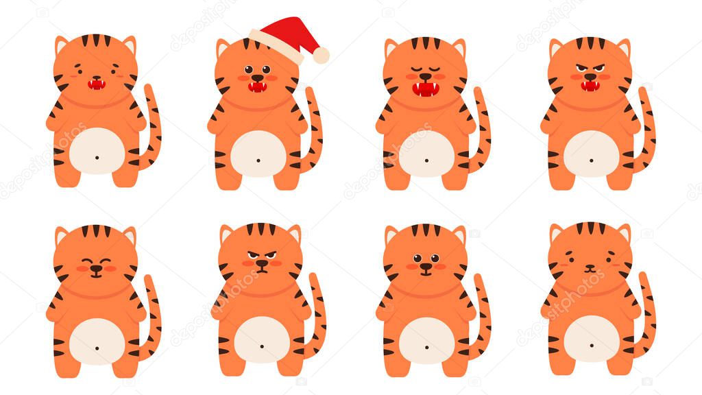Conjunto de pequeños tigres lindos gatos en un estilo plano. Símbolo animal para Año Nuevo Chino ...