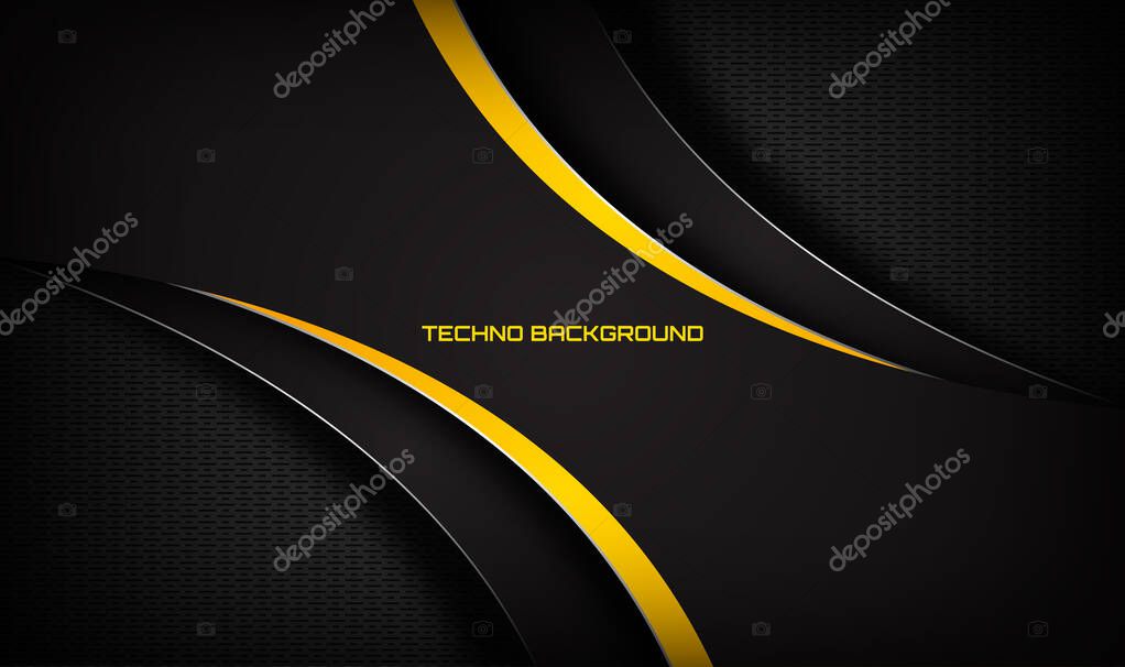 3D black yellow techno abstract background, overlap layers on dark ...