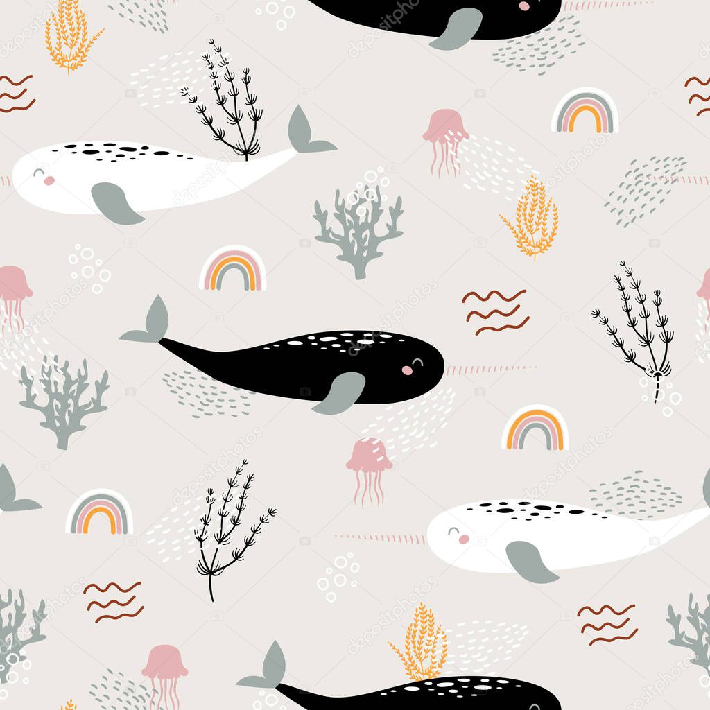 Narval, medusas y arco iris patr n infantil sin costuras con fondo beige. Patr n de repetici n ...