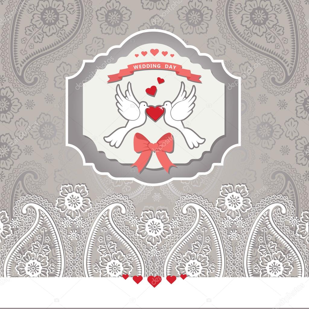 Lindo diseño template.Paisley encaje fronterizo y palomas de dibujos ...