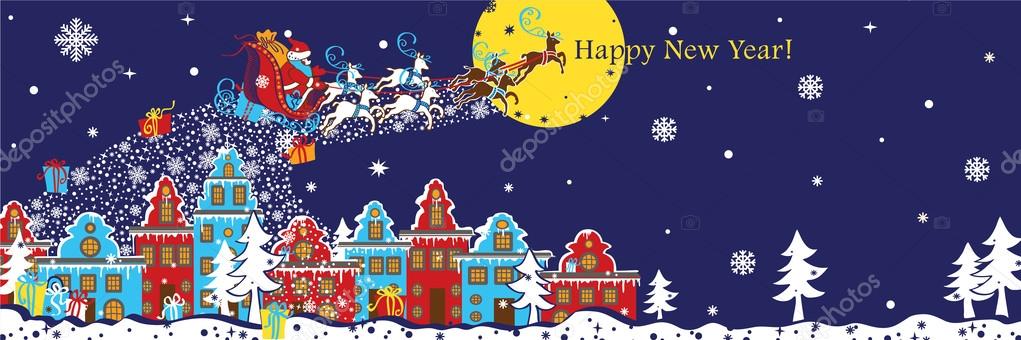 New Year horizontal banner.Santa Claus coming to City — Stock Photo ...