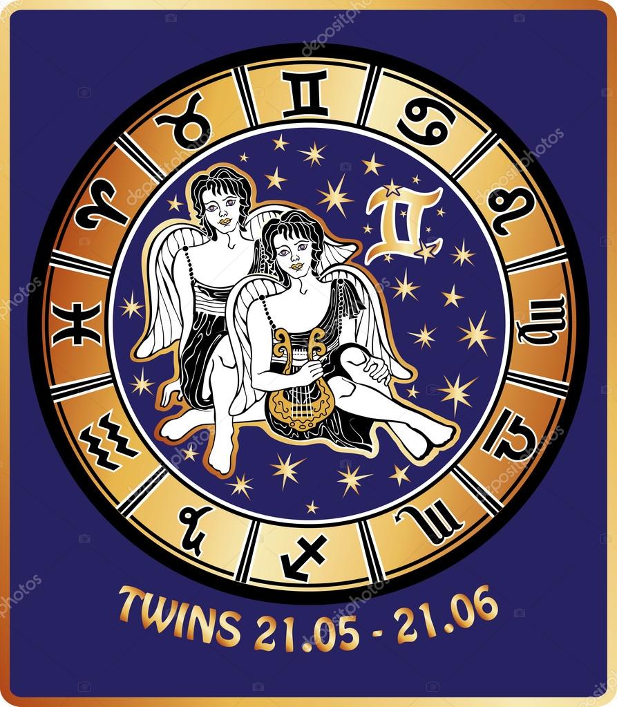 Twins boys zodiac sign.Horoscope circle.Retro Illustration Stock Photo ...