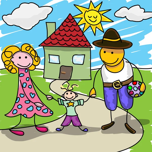 Happy Cartoon Family One Child House Garden Vector Illustration — Stock ...