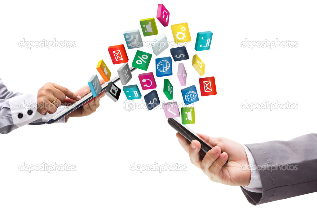 Hands holding the phone and tablet pc with colorful application icons ...