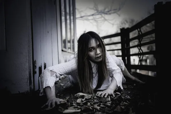 Portrait Asian Woman Make Ghost Face Swamp Horror Scene Scary — Stock ...