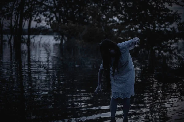 Portrait Asian Woman Make Ghost Face Swamp Horror Scene Scary — Stock ...