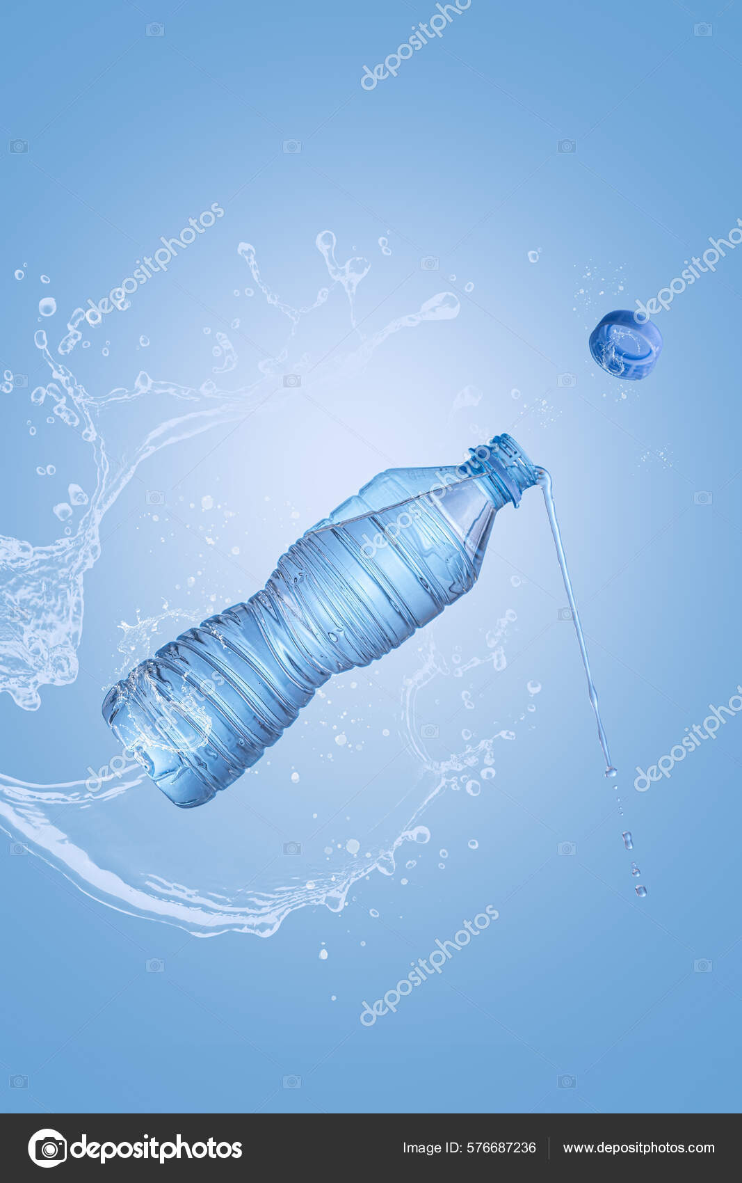 Flying Bottle Mineral Water Splash Blue Background Copyspace Vertical ...