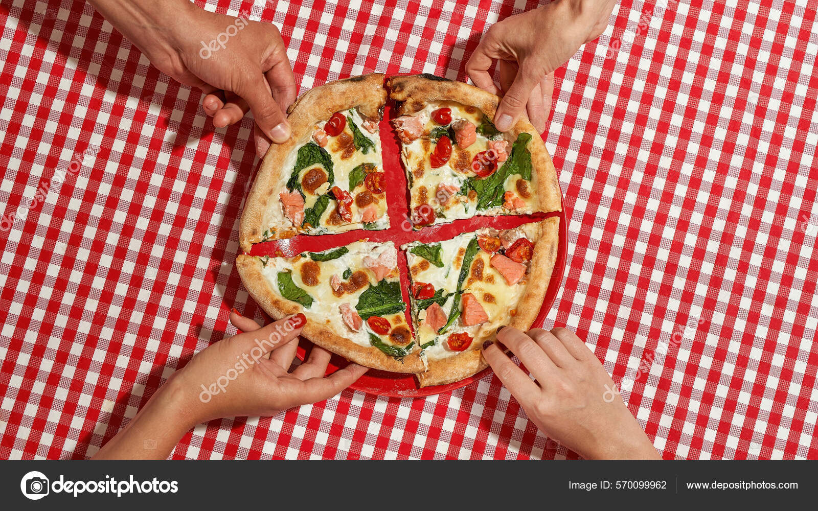 People hands taking pizza slices from plates — Stock Photo © LanaStock ...