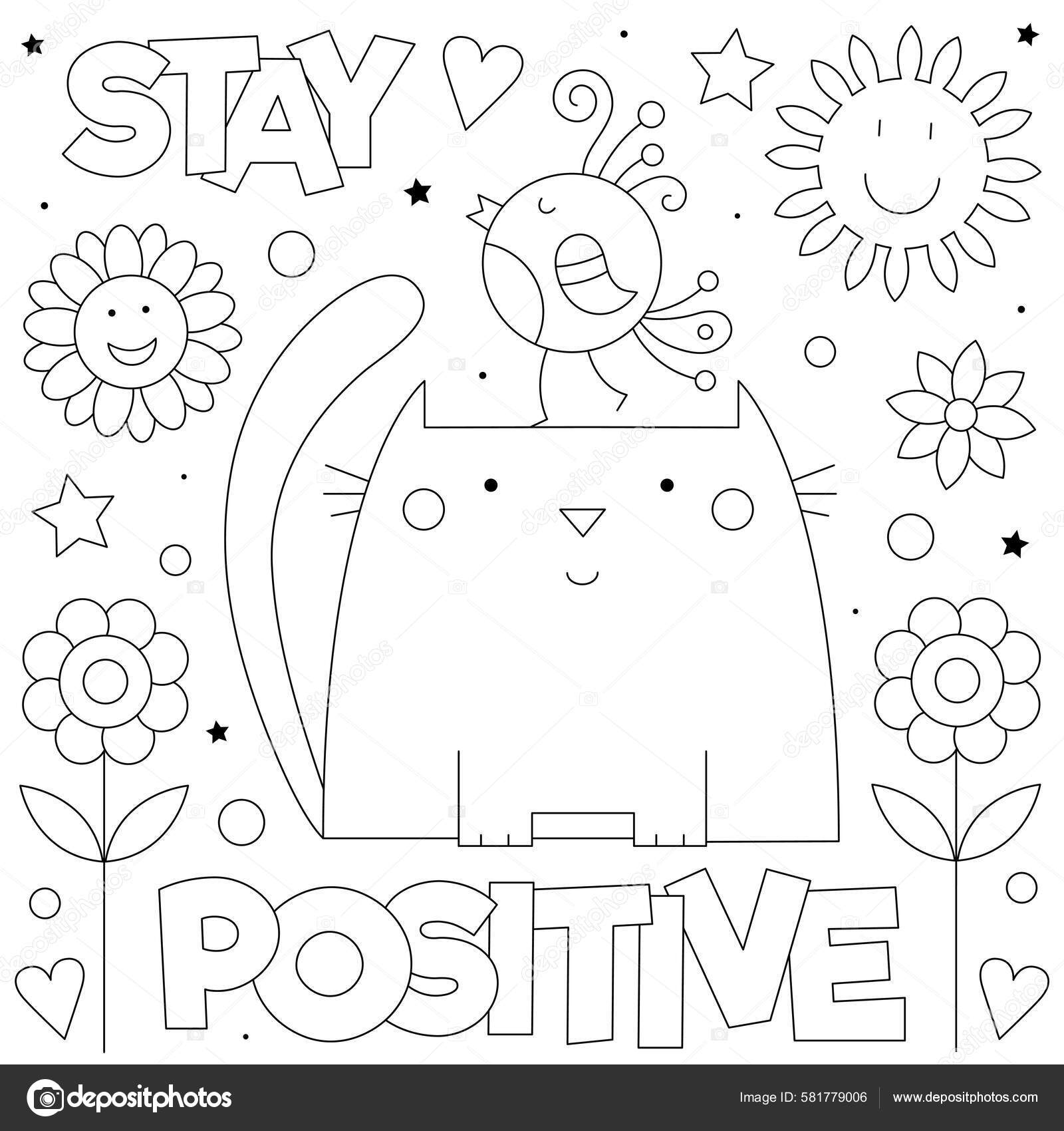 Stay Positive Coloring Page Black White Vector Illustration Cat Bird ...