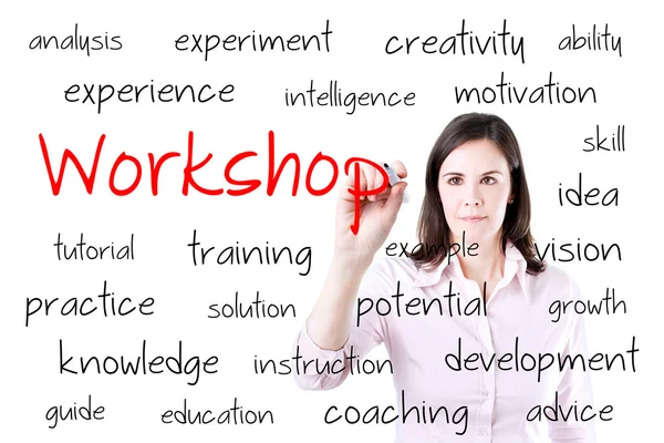 Young business woman writing workshop concept. Isolated on white ...