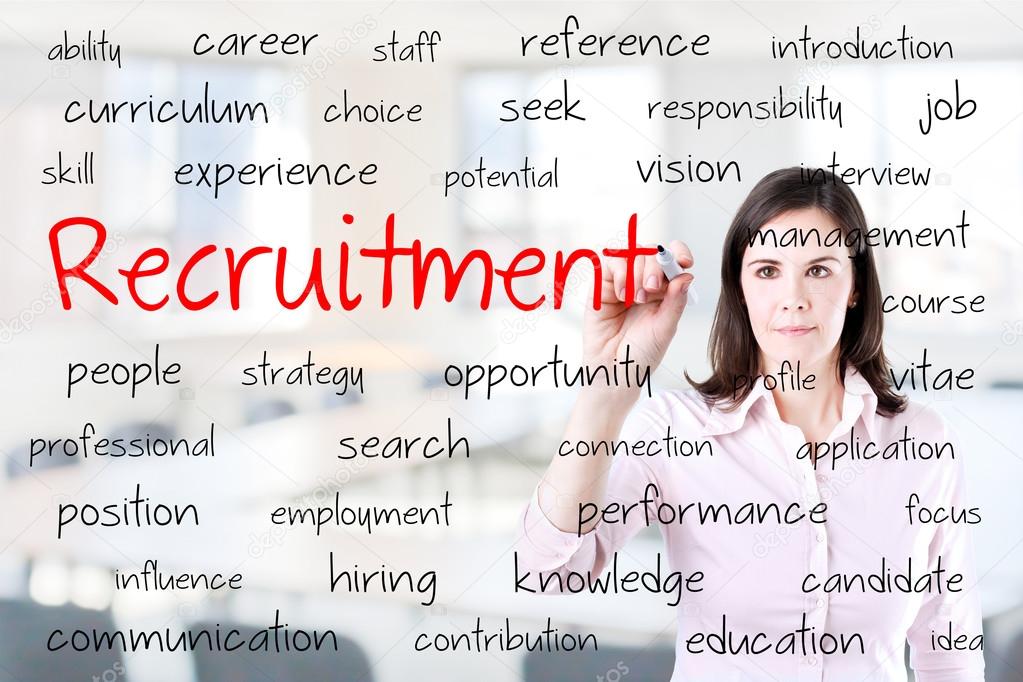 Young business woman writing recruitment concept. Office background ...