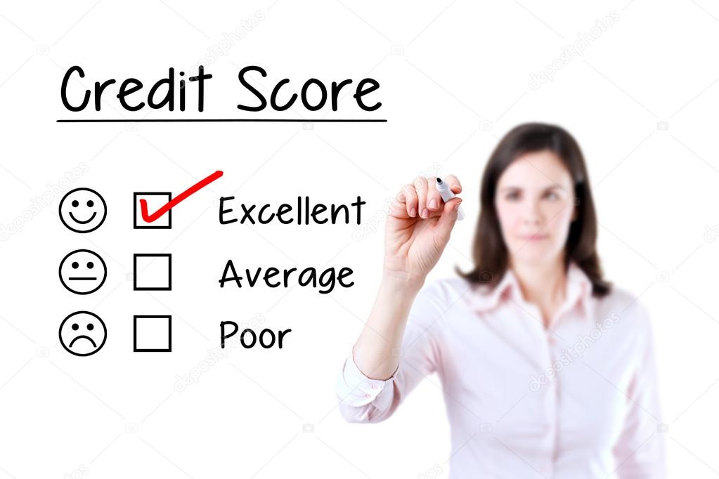 Hand putting check mark with red marker on excellent credit score ...