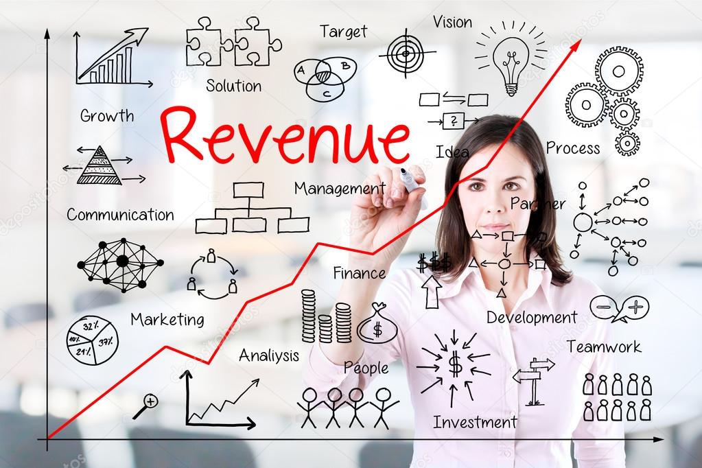 Young business woman writing increased revenue graph with process of ...