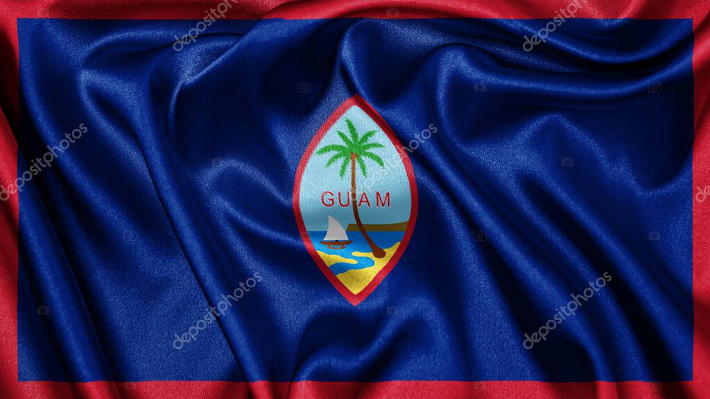 Close up realistic texture fabric textile silk satin flag of Guam ...