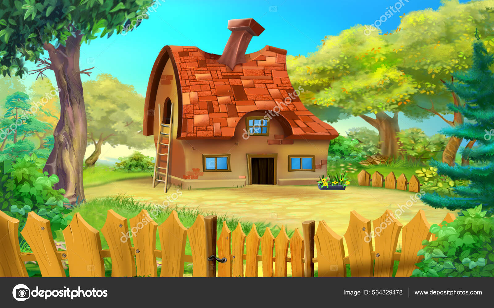 Fairy Tale Country House Path Trees Summer Day Digital Painting Stock ...