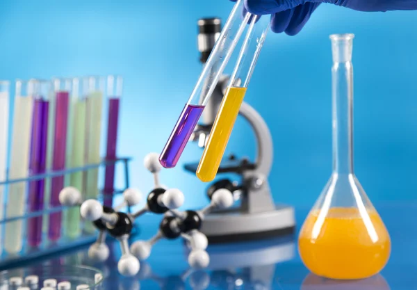 Workplace modern laboratory for molecular biology test on blue ...