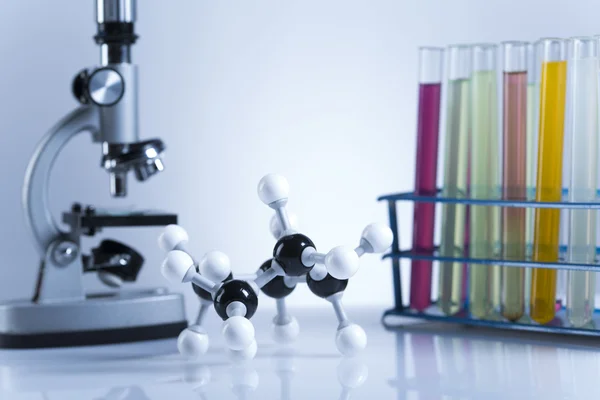 Workplace modern laboratory for molecular biology test on blue ...