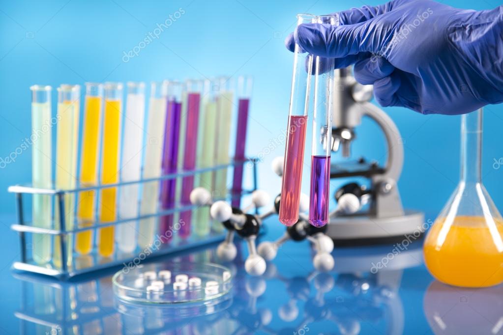 Workplace modern laboratory for molecular biology test on blue ...
