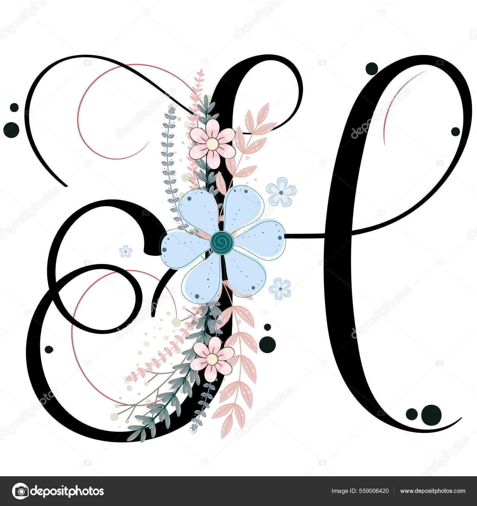 Alphabet Ornaments Letter Floral Vector Flowers Leaves Vintage Handwritten Decoration Stock ...