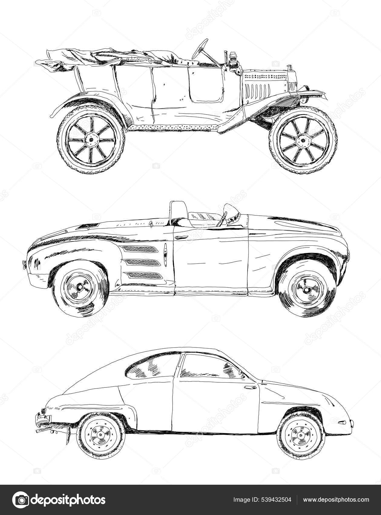 Hand Drawing Set Old Vintage Cars Sketch Collection Hand Drawing Stock ...