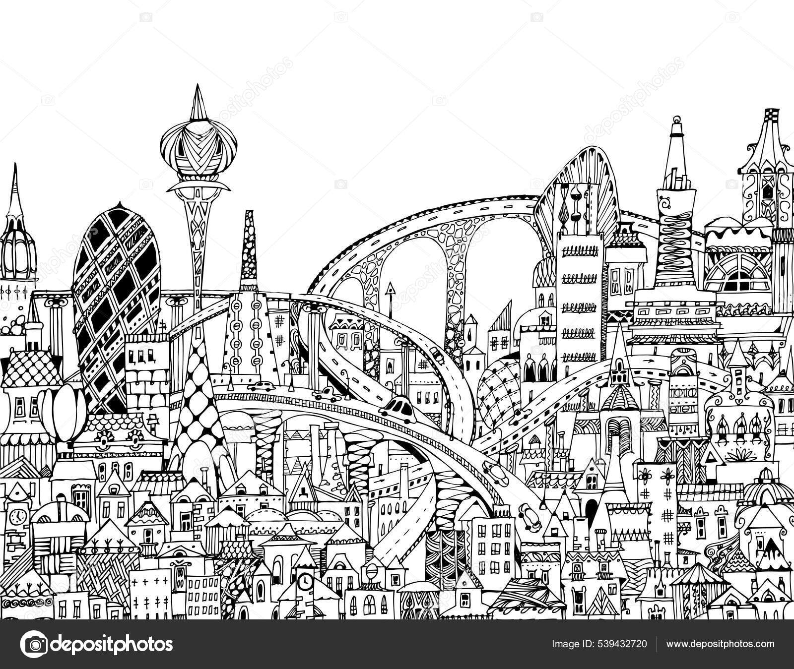 Hand Drawing Illustration Big Modern City Skyscrapers Bridges Cars ...