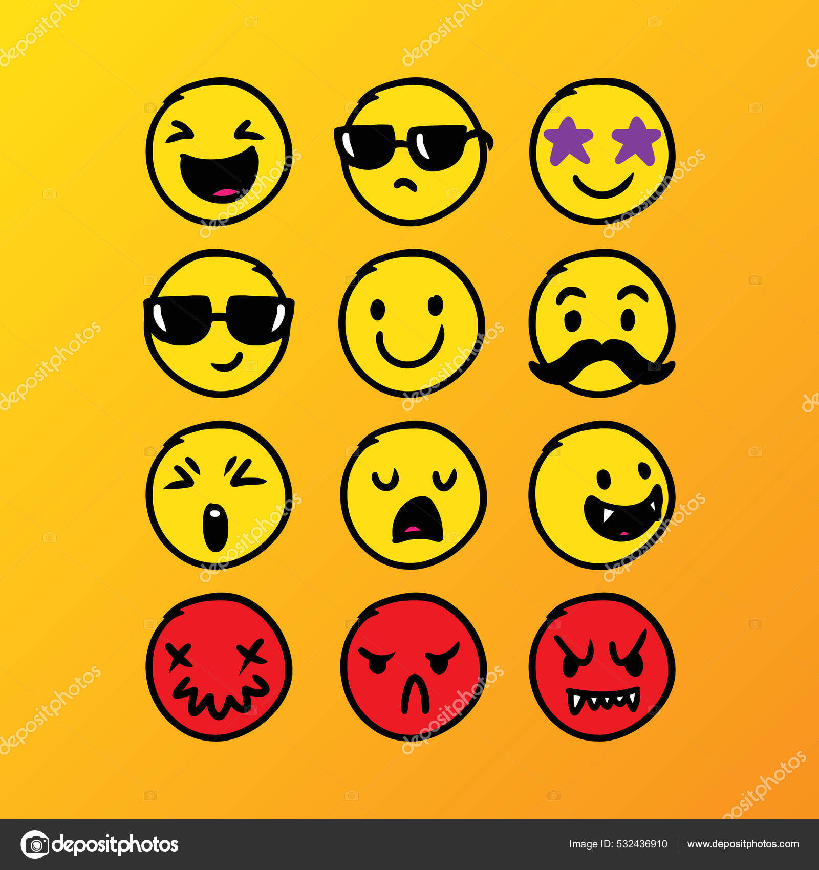 Conjunto Mano Emoticono Lindo Dibujado Con Vector Fondo Amarillo ...
