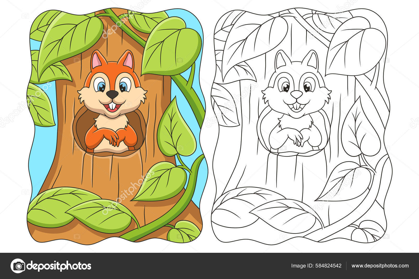 Cartoon Illustration Squirrel Standing Front Hole Door His House Big ...