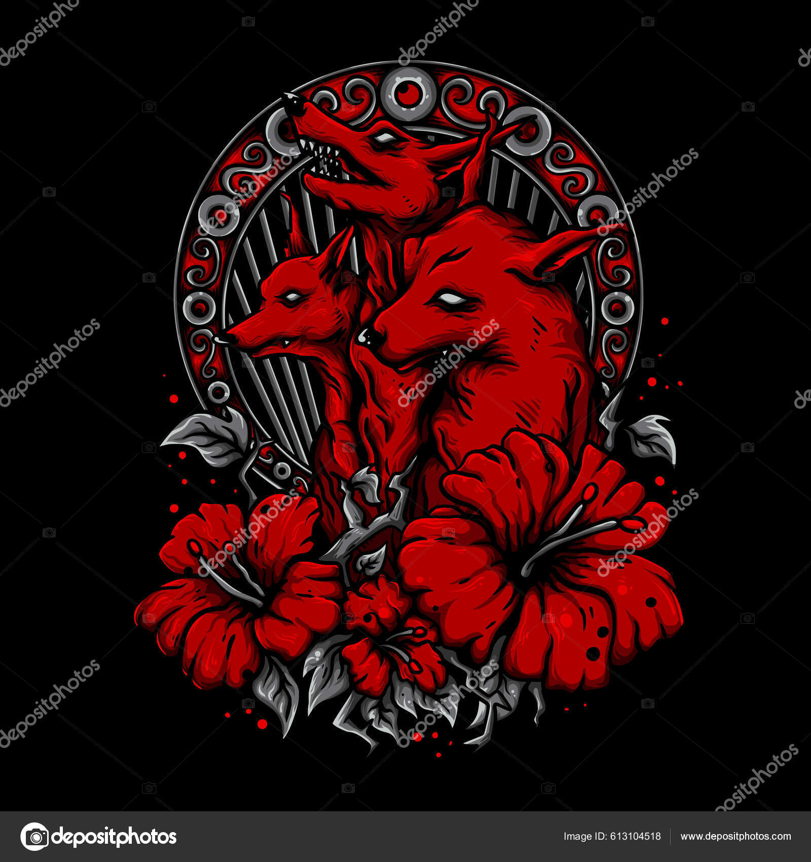 Vector Illustration Colorful Scary Headed Hellhound Cerberus Surrounded ...