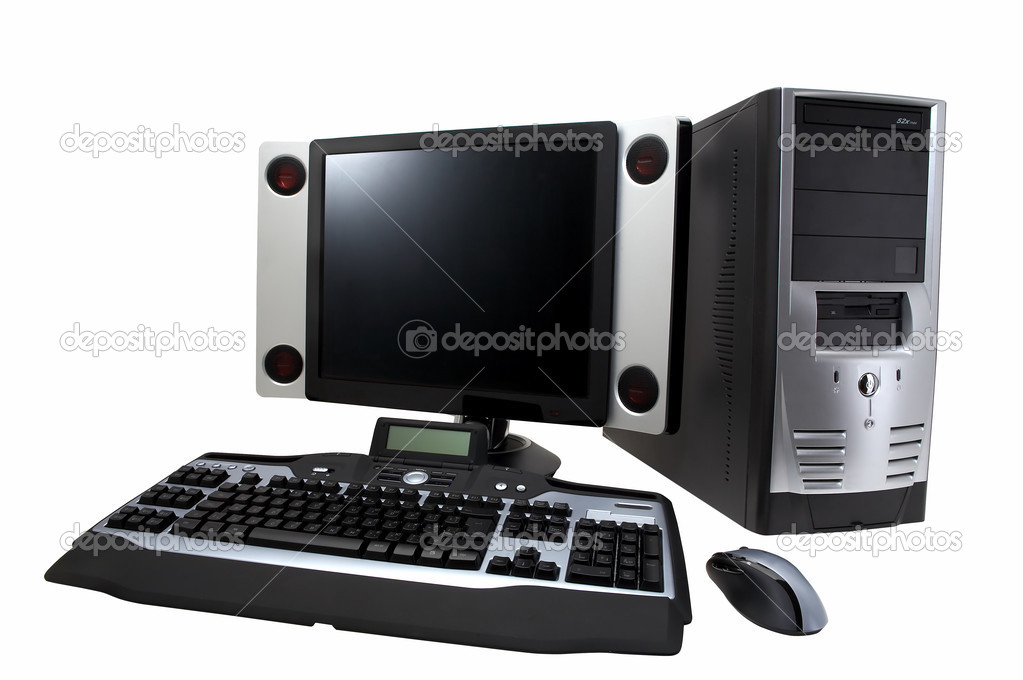 Desktop computer with lcd monitor, keyboard, speaker and mouse, — Stock ...