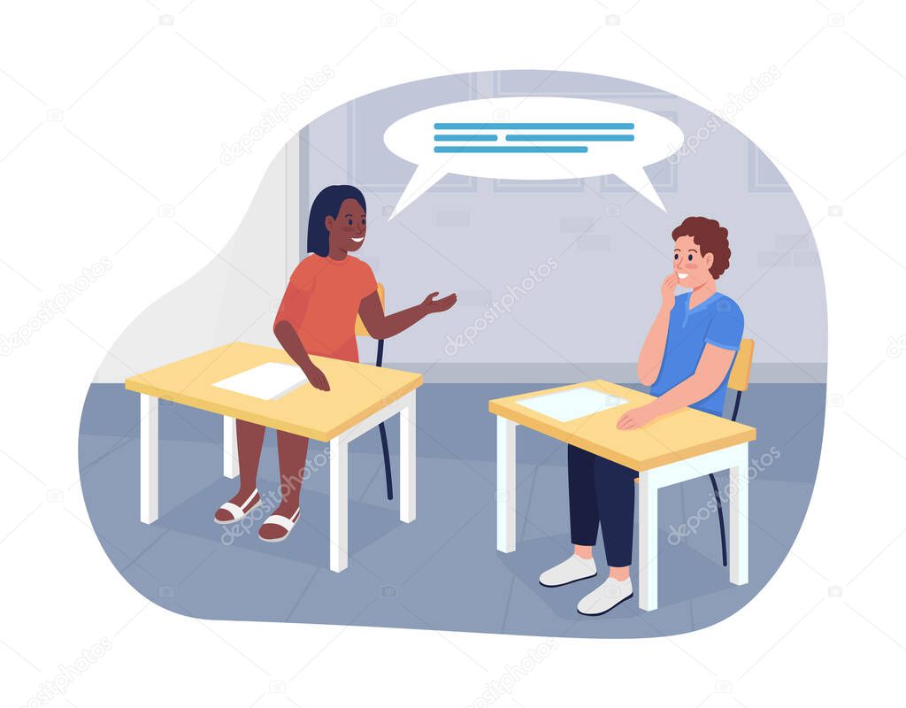 Talking estudiantes 2D vector ilustración aislada. Alumnos de ...