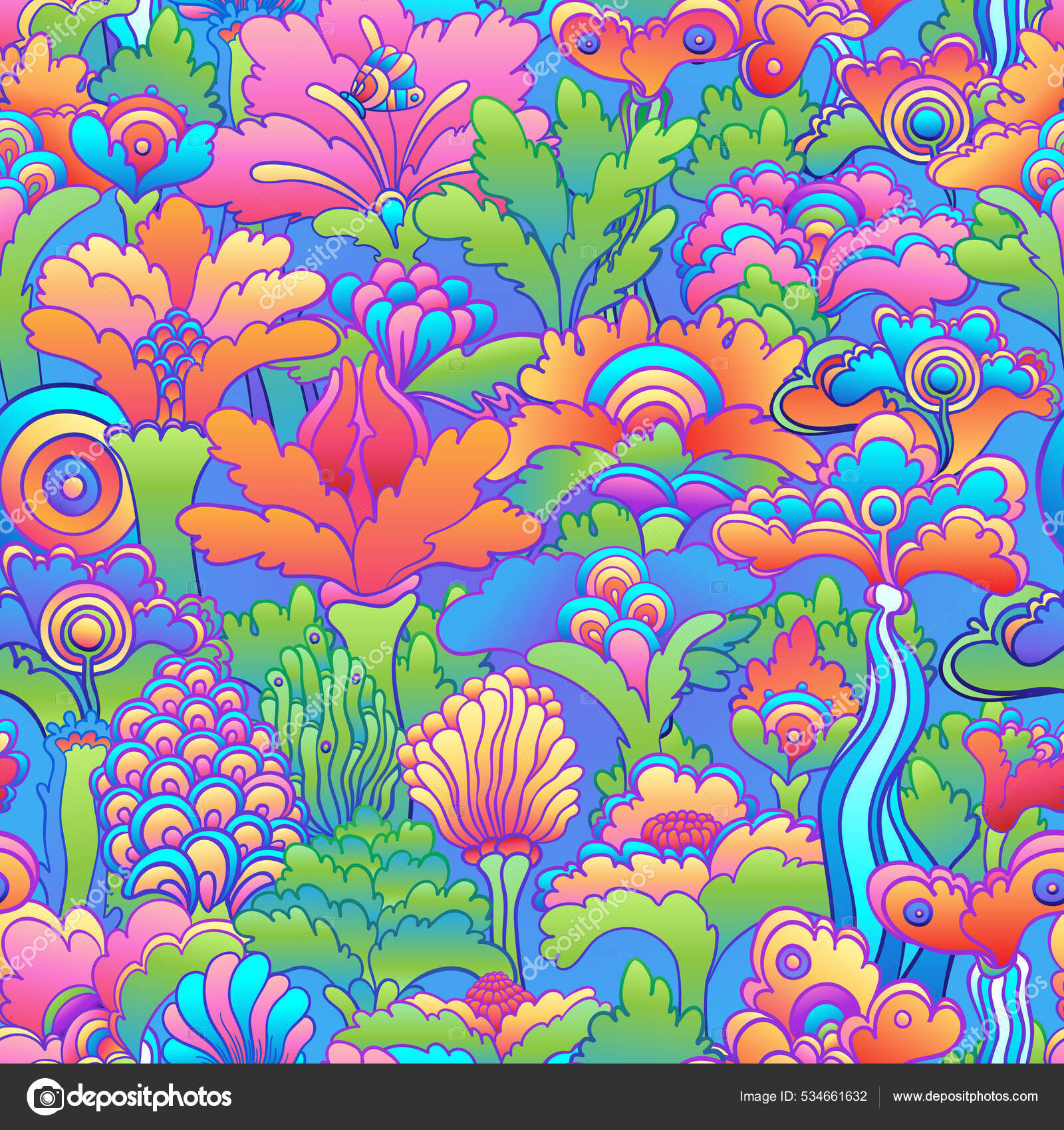 Floral colorful seamless pattern, retro 60s, 70s hippie background ...