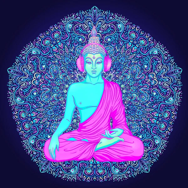 Buddha over colorful neon background. Vector illustration. Psychedelic ...