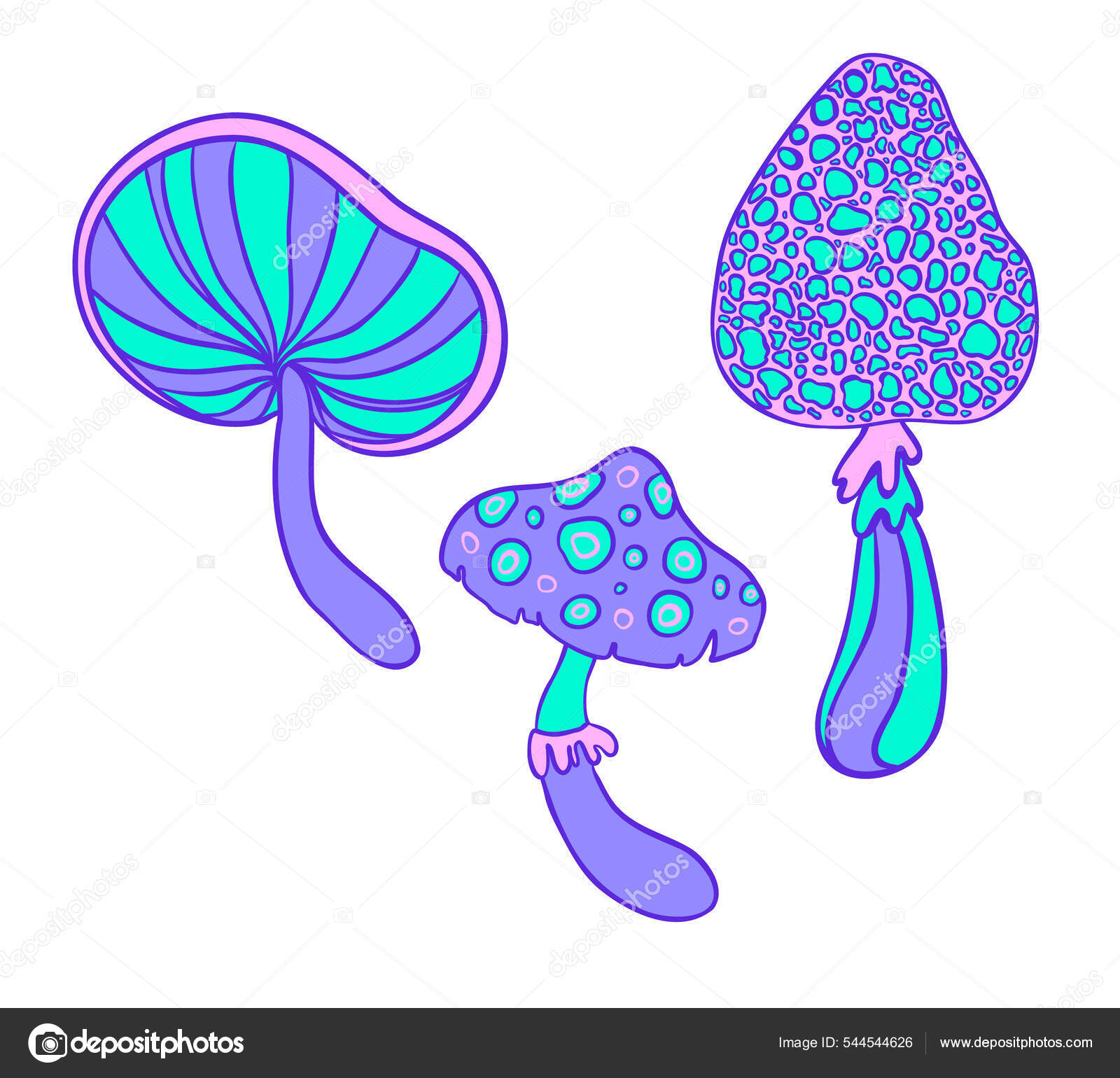 Magic mushrooms. Psychedelic hallucination. Vibrant vector illustration ...
