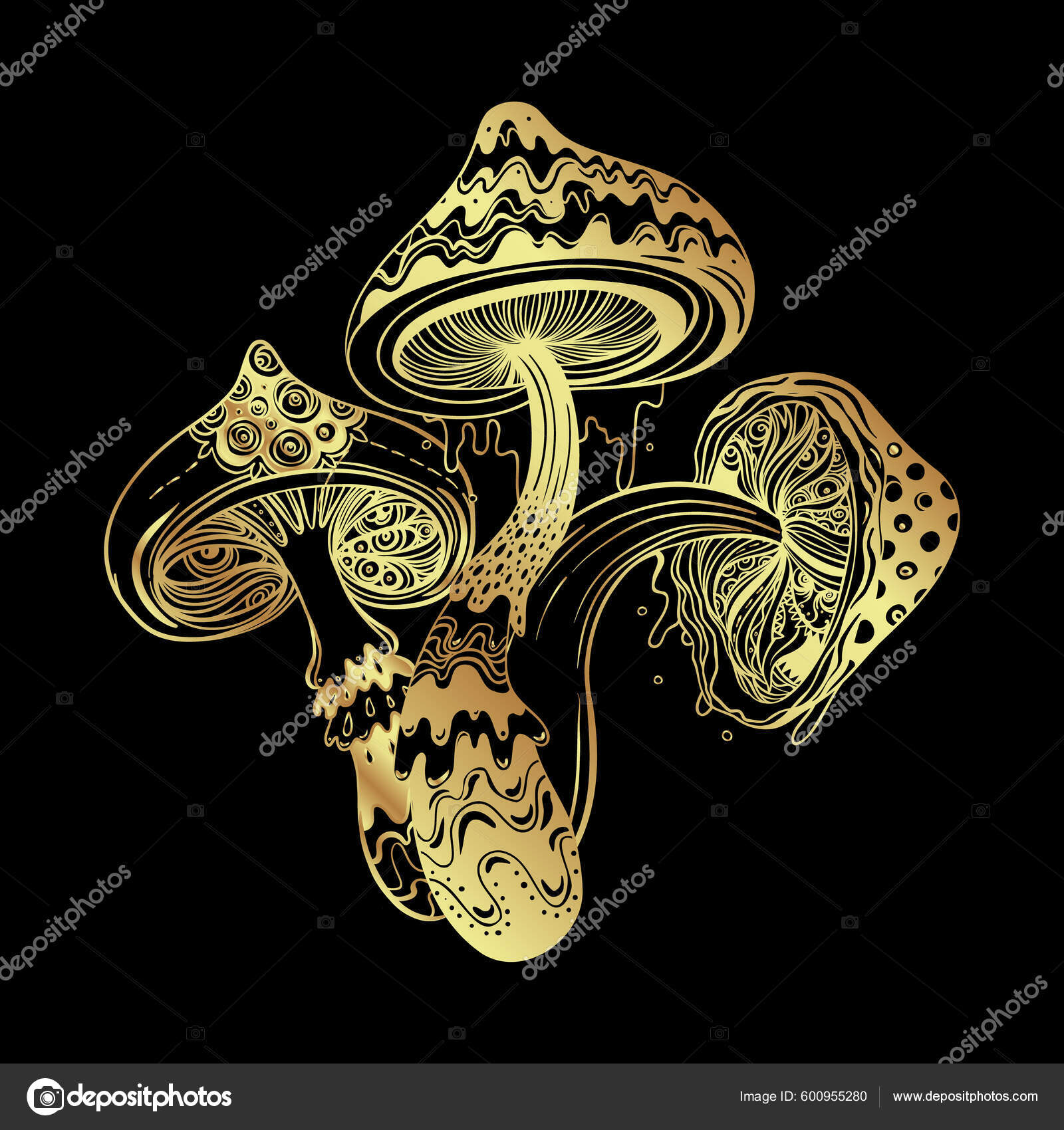 Magic Mushrooms Psychedelic Hallucination Gold Vector Illustration ...