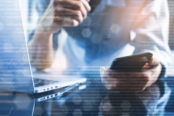 Modern technology, software development, IoT concept. Double exposure ...