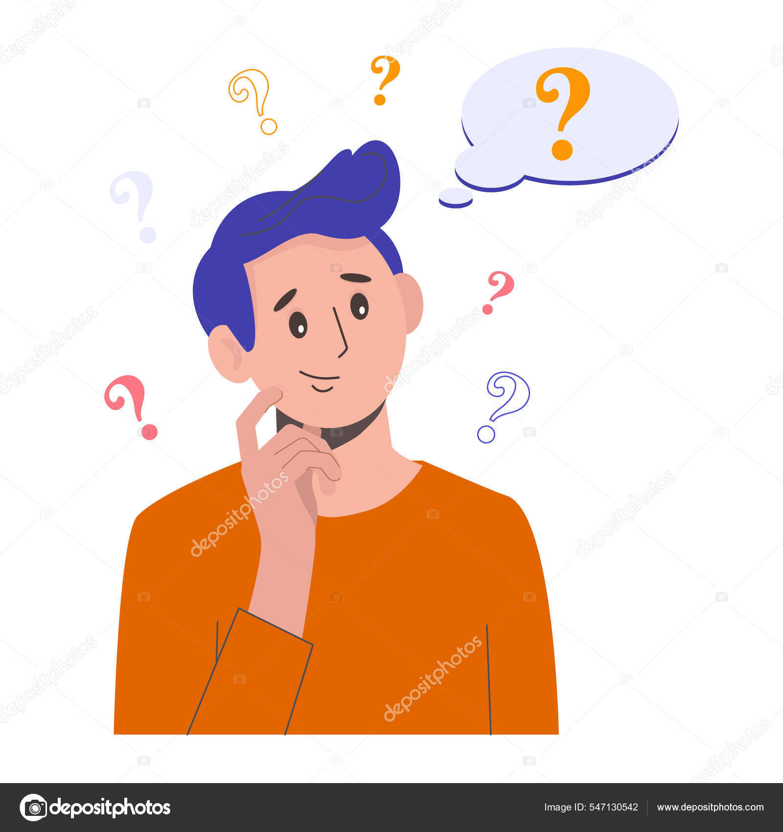 Porträt eines jungen Mannes. Junge mit Fragezeichen in Denkblase. Menschen, die Probleme denken ...