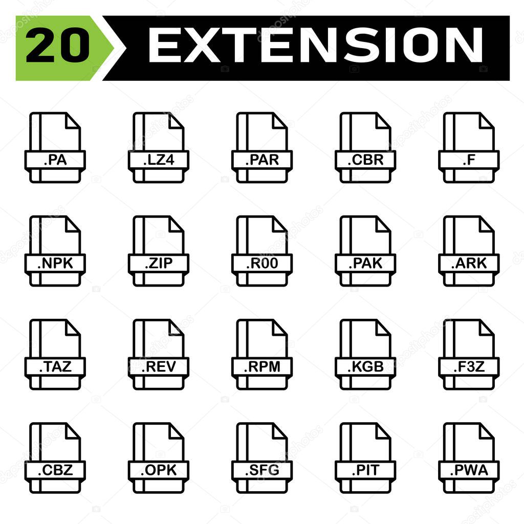 File extension icon set include pa, lza, par, cbr, f, npk, zip, r00 ...