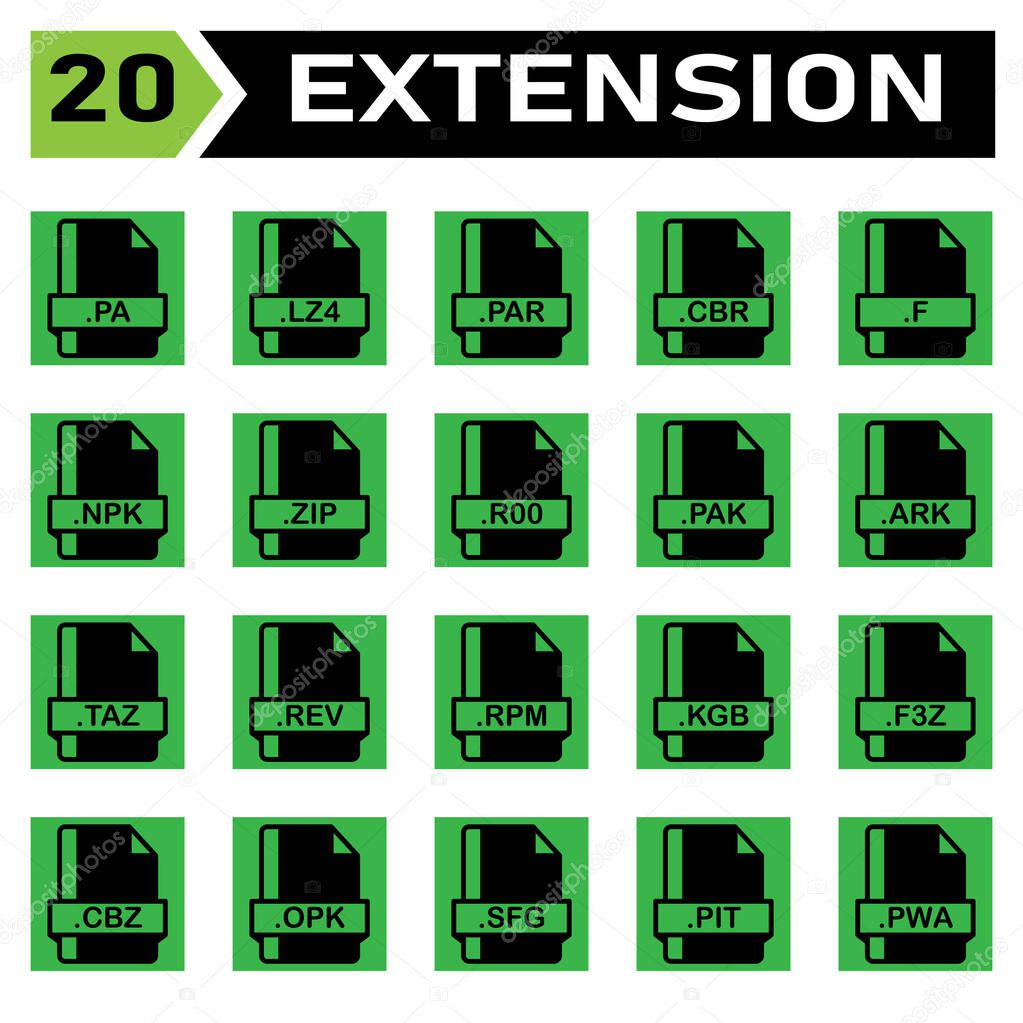 File extension icon set include pa, lza, par, cbr, f, npk, zip, r00 ...