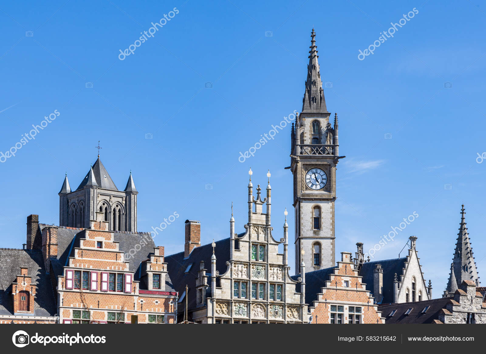 Ancient Gable Houses Clock Tower Korenlei Ghent Port City Northwest ...