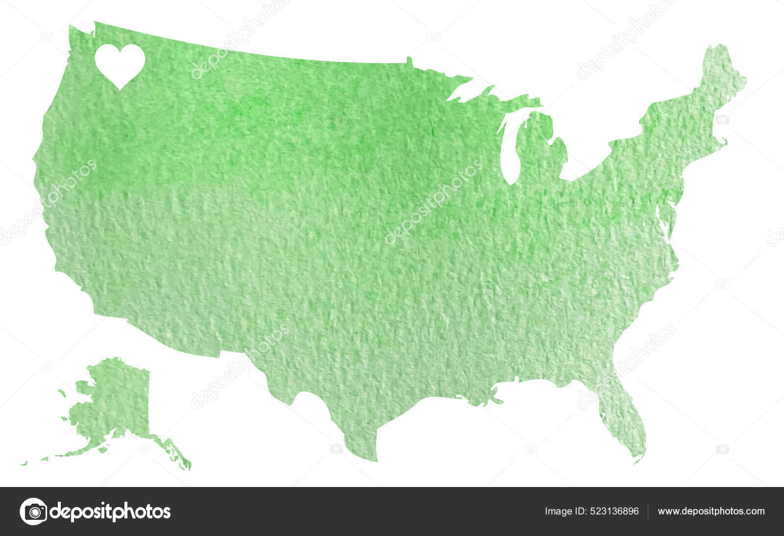 Hand Drawn Green Watercolor Map Usa Washington State Isolated White ...