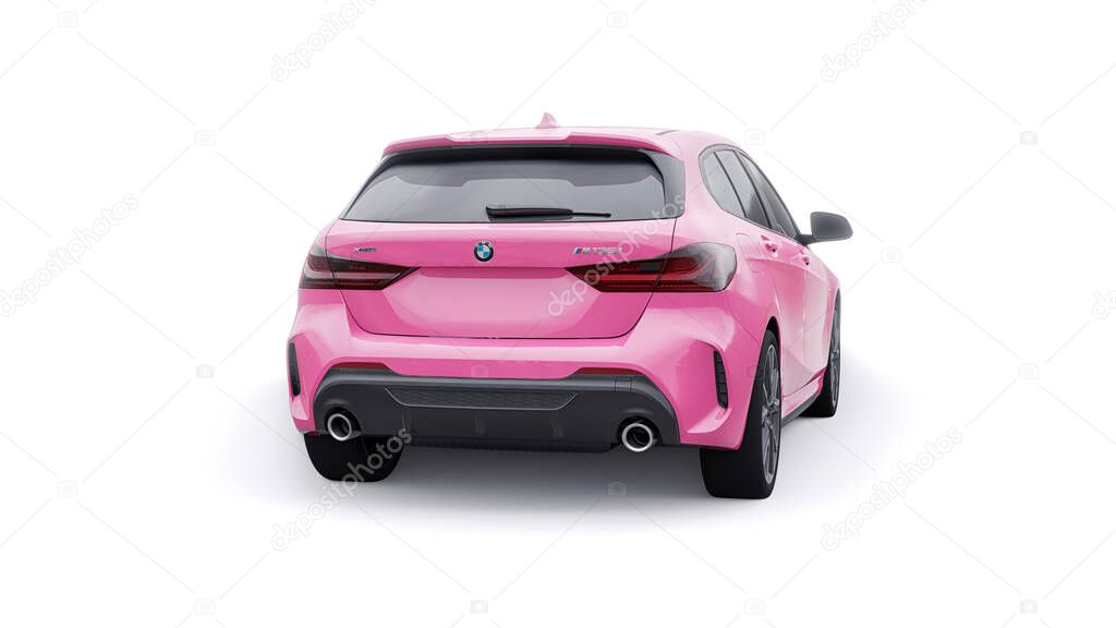 Tula, Rusia. Enero 9, 2022: BMW M135i XDrive. Coche rosa aislado sobre fondo blanco. renderizado ...