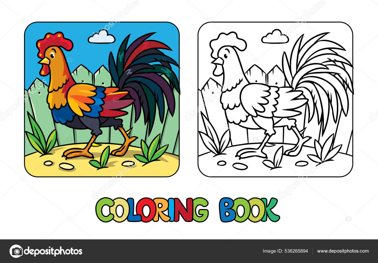 Rooster Farm Animals Coloring Book Children Vector Illustration ...
