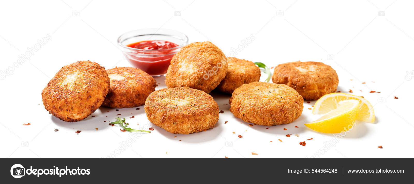Chicken Patties Fish Cakes Fried Breadcrumbs Ketchup Lemon Slices ...