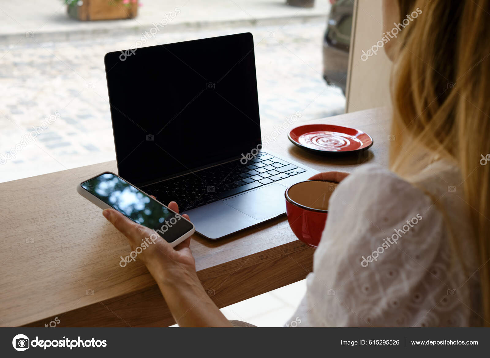 Girl Sits Table Front Laptop Uses Smartphone Work Remote Work — Stock ...