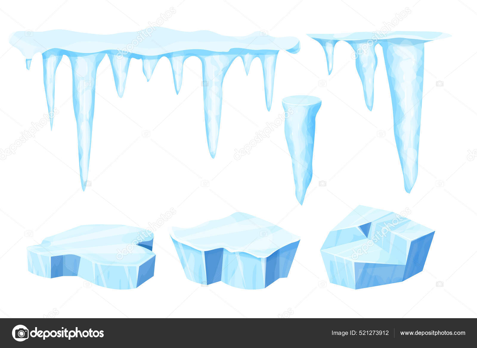 Set Ice floe, frozen water piece, iceberg and icicles in cartoon style ...