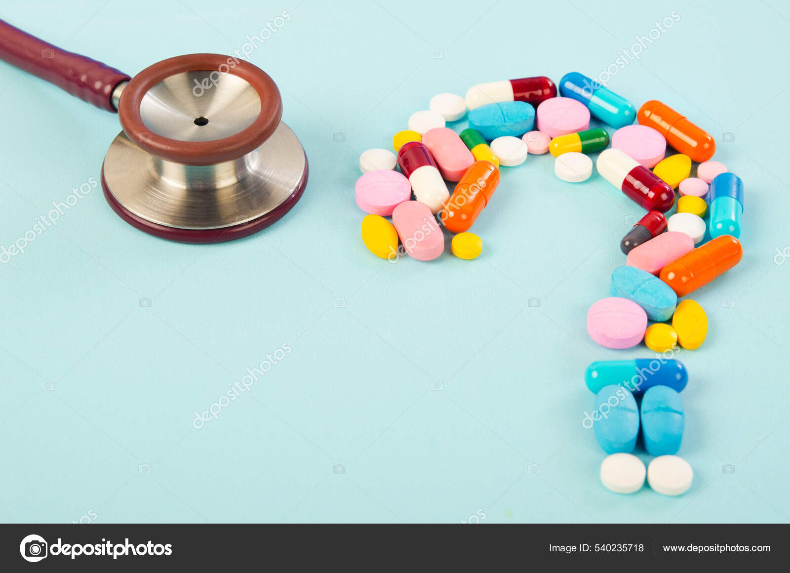 Question Mark Laid Out Medicine Pills Stethoscope Blue Background Stock ...